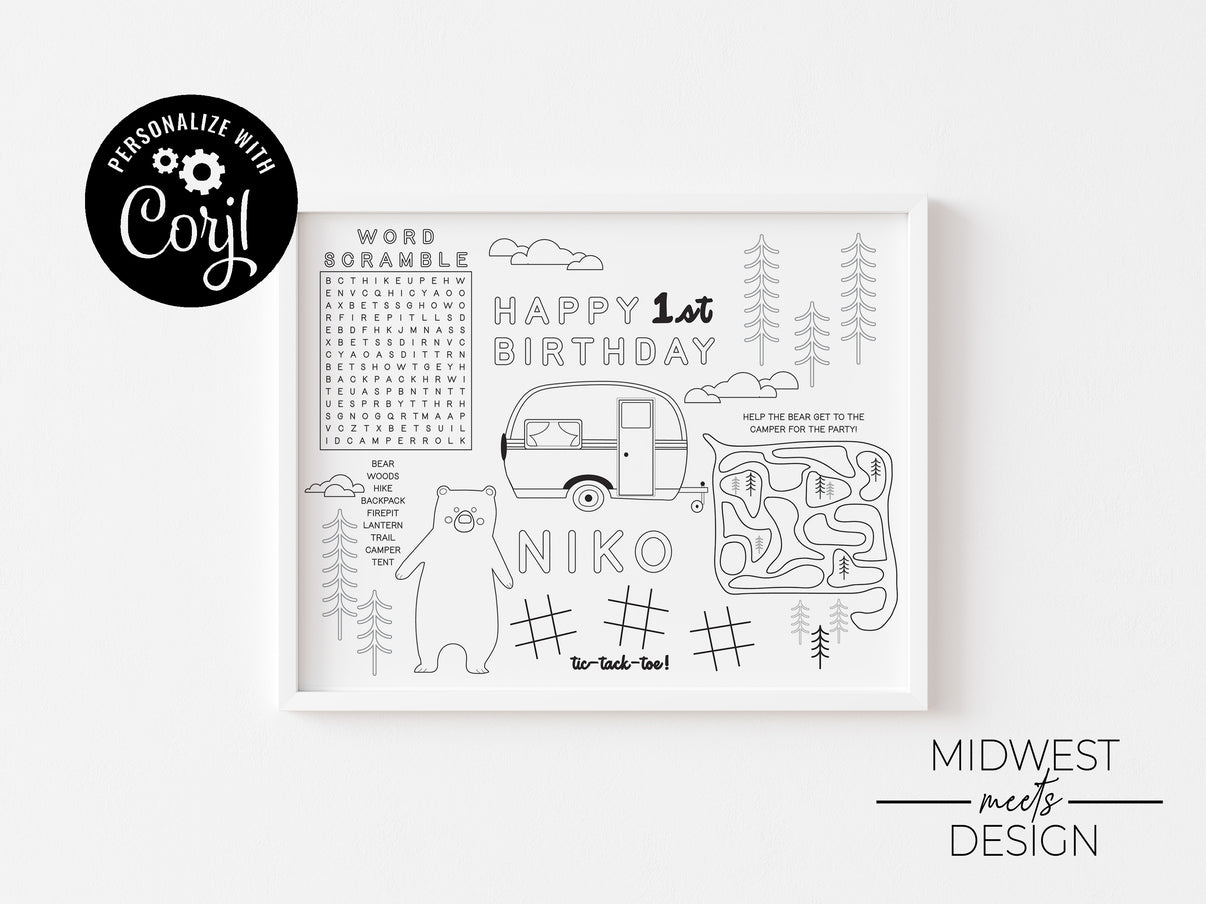 One Happy Camper Birthday Coloring Page Placemat - Digital Download ...